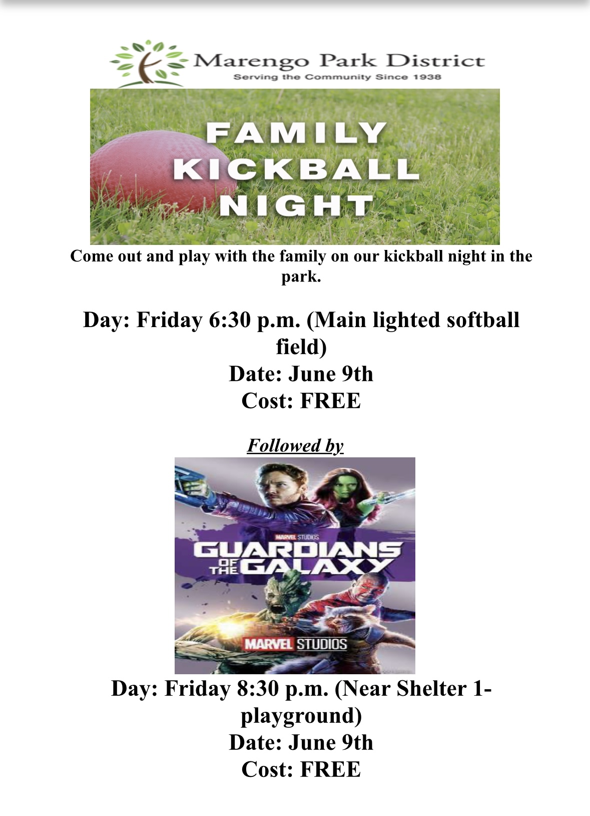 Kickball and Movie in the Park this Friday – Marengo Park District
