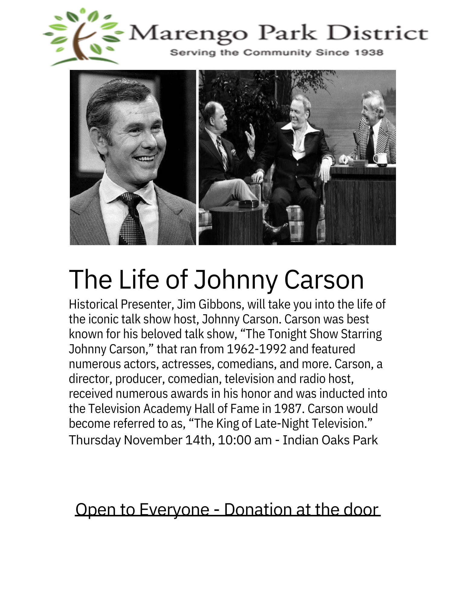 The Life of Johnny Carson Presented by Jim Gibbons – Marengo Park District